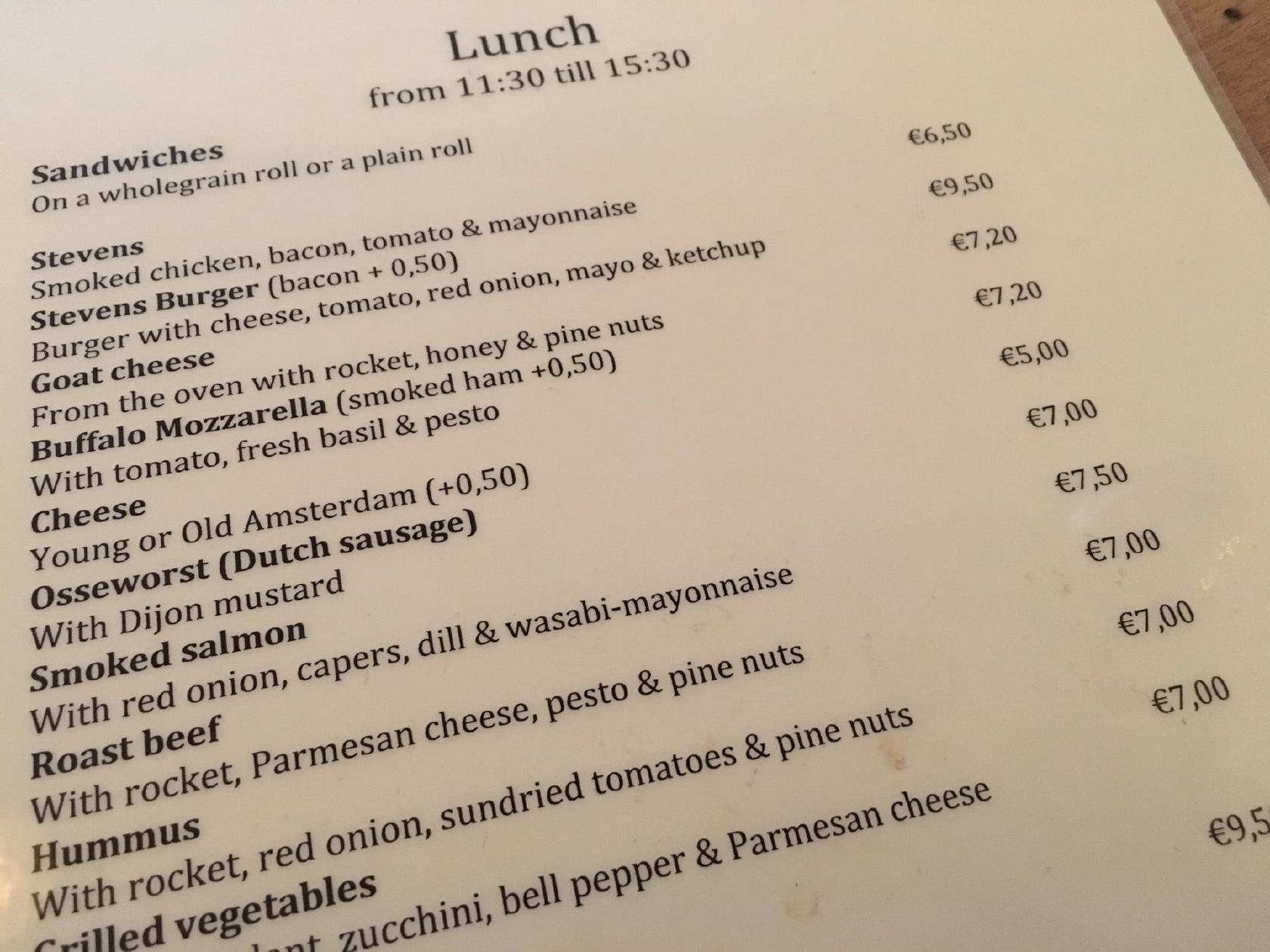 Menu at Cafe Stevens, Amsterdam