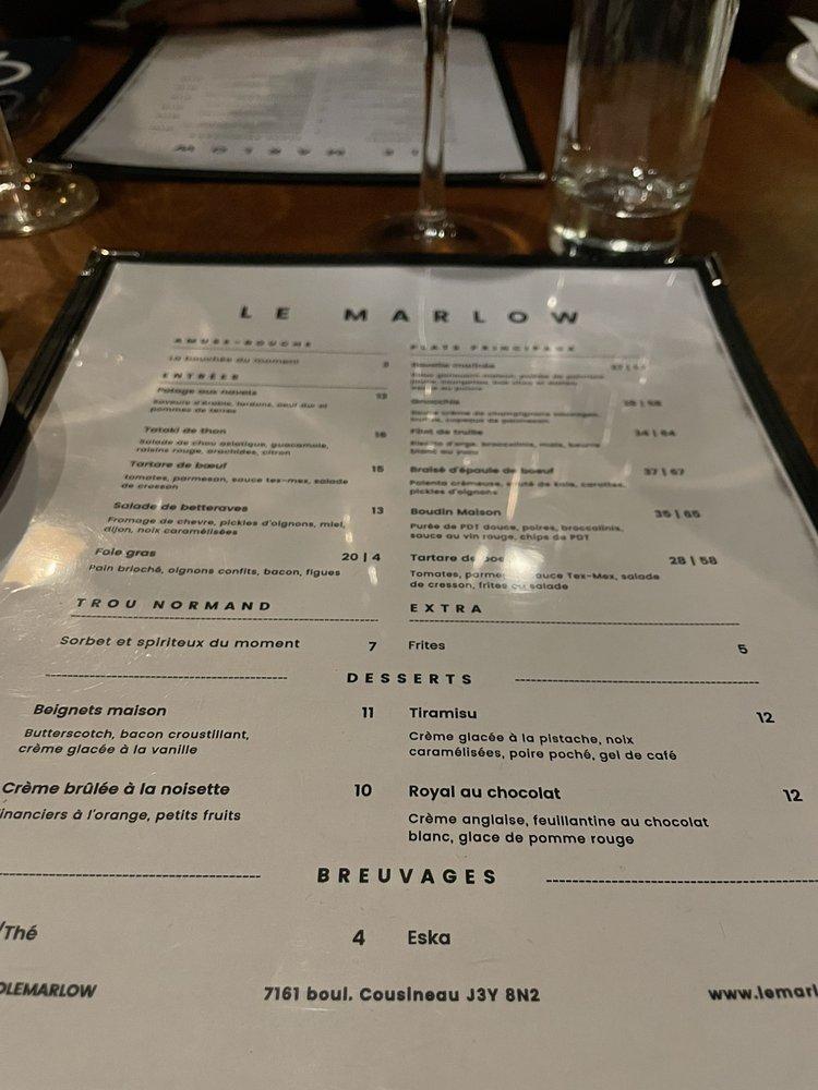 Menu au Le Marlow Restaurant Longueuil (Apportez votre vin), Montréal