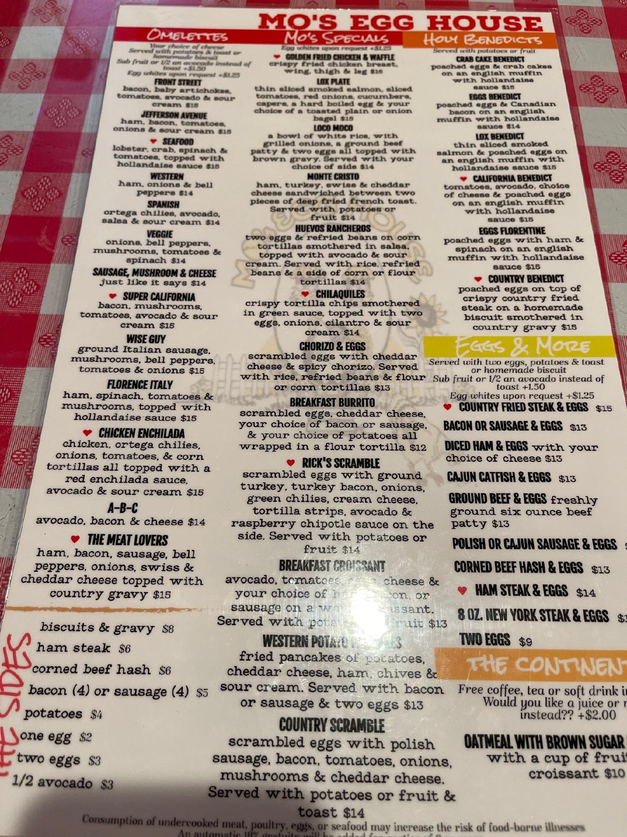 Menu at Mo's Egg House restaurant, Temecula