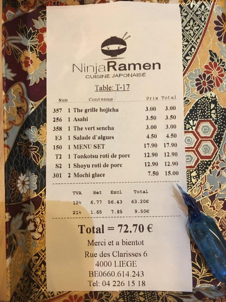 Menu at Ninja Ramen, Liège