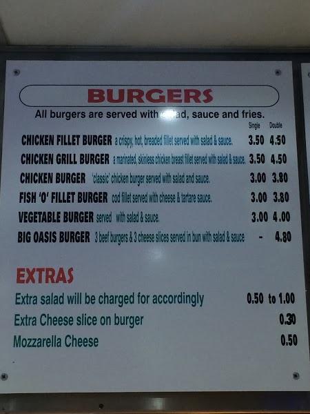 Menu at Oasis Burger Bar, Bradford, 114 Morley St