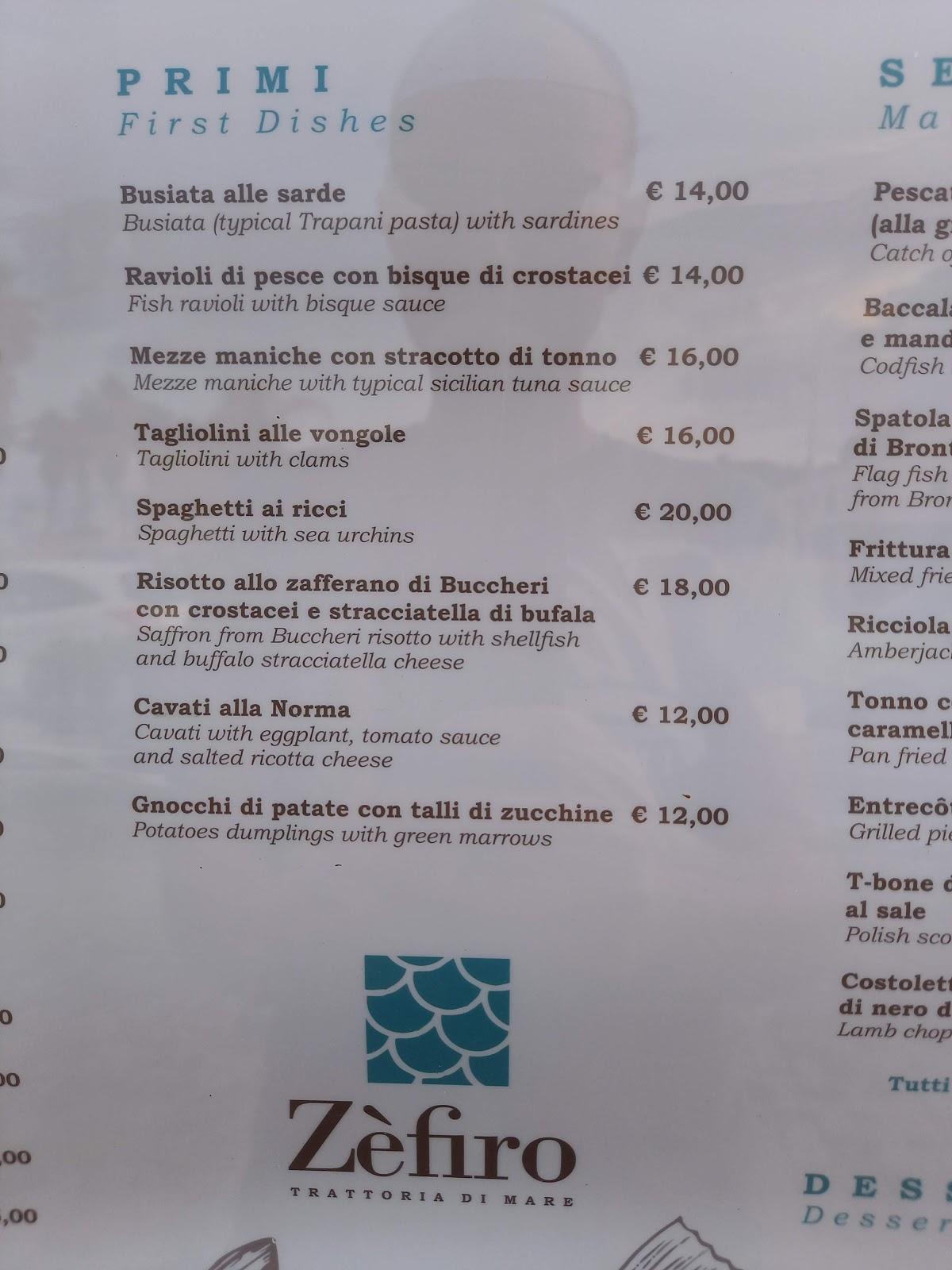 Menu da Zèfiro - Trattoria di Mare ristorante, Marina di Ragusa