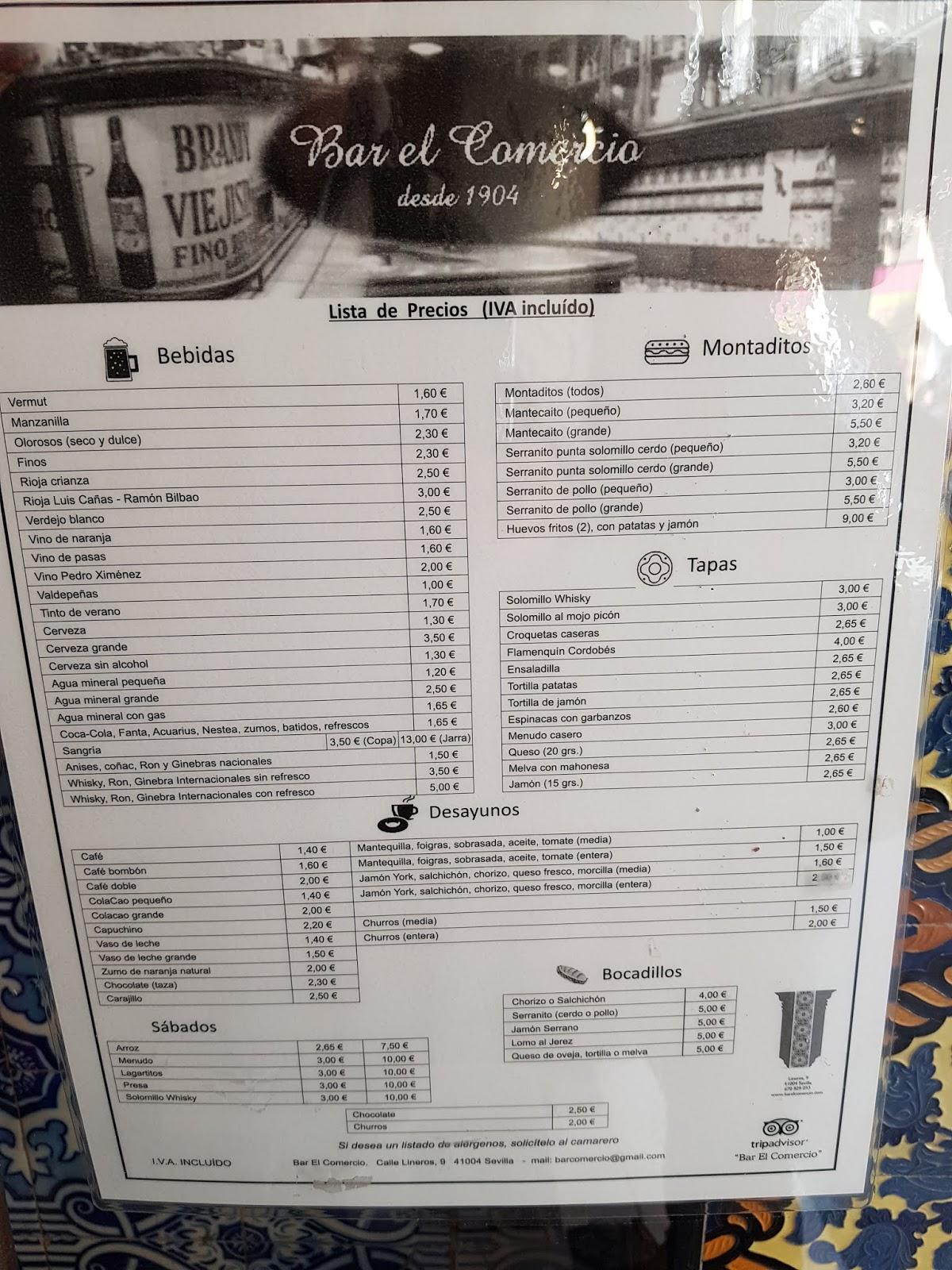 Menu at Bar El Comercio, Seville