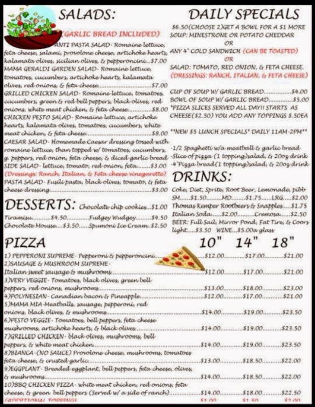 Menu at Geraldi's pizzeria, McMinnville