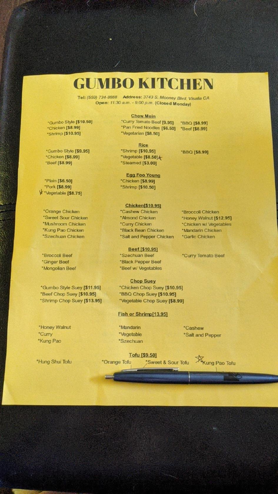Menu at Gumbo Kitchen Chinese Food restaurant, Visalia