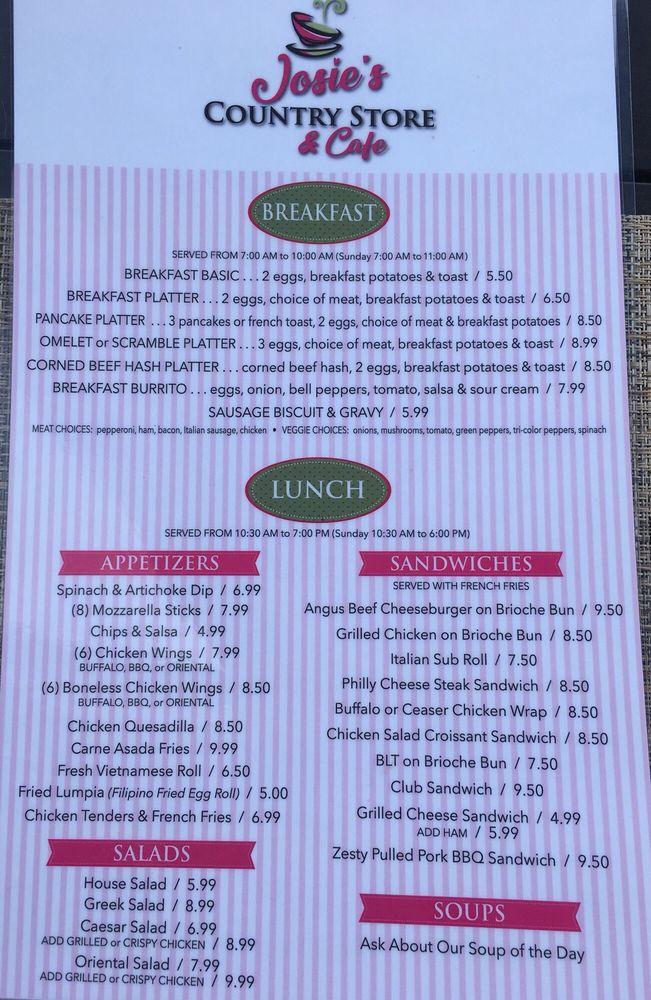 Menu at Josie's Country Store & Cafe, Ellsworth