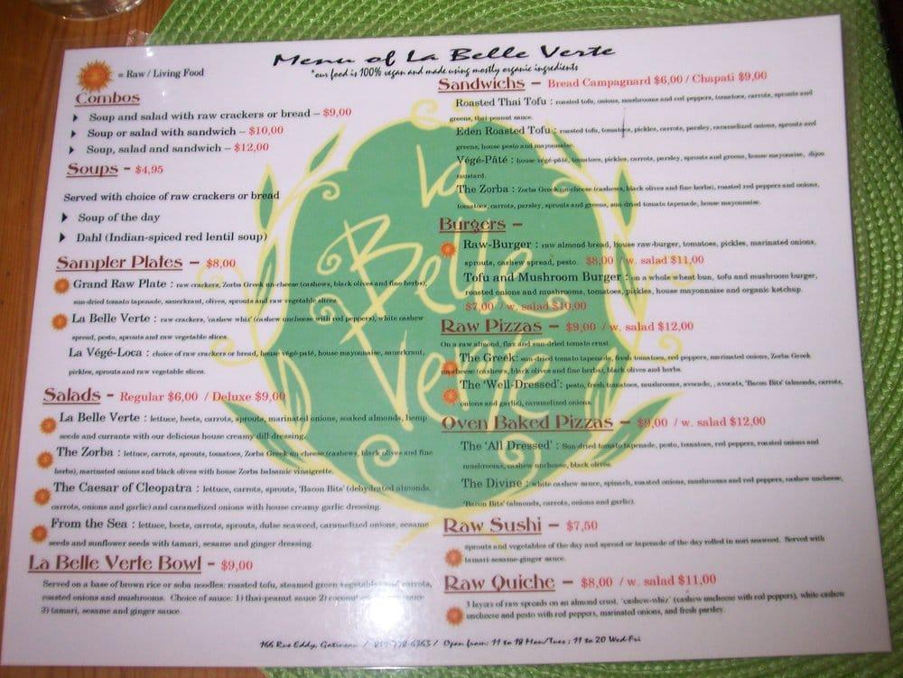 Menu at La Belle Verte restaurant, Gatineau