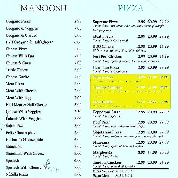 Menu at Mr Zaatar pizzeria, Gwynneville