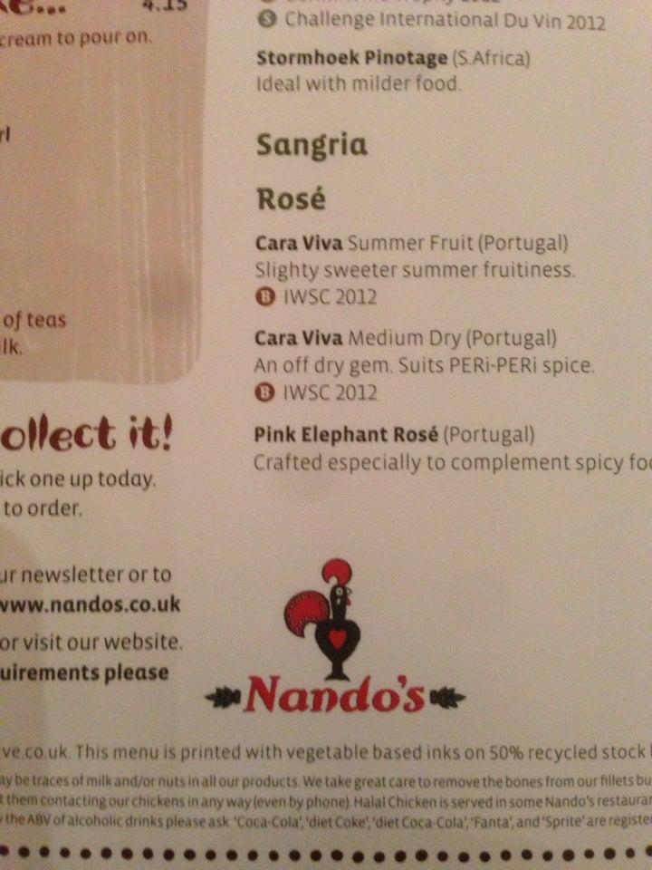 Menu at Nando's Teddington fast food, Teddington, 2 Station Rd