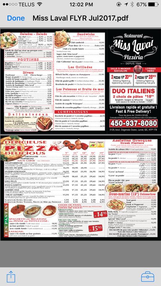 Menu at Restaurant Miss Laval, Laval