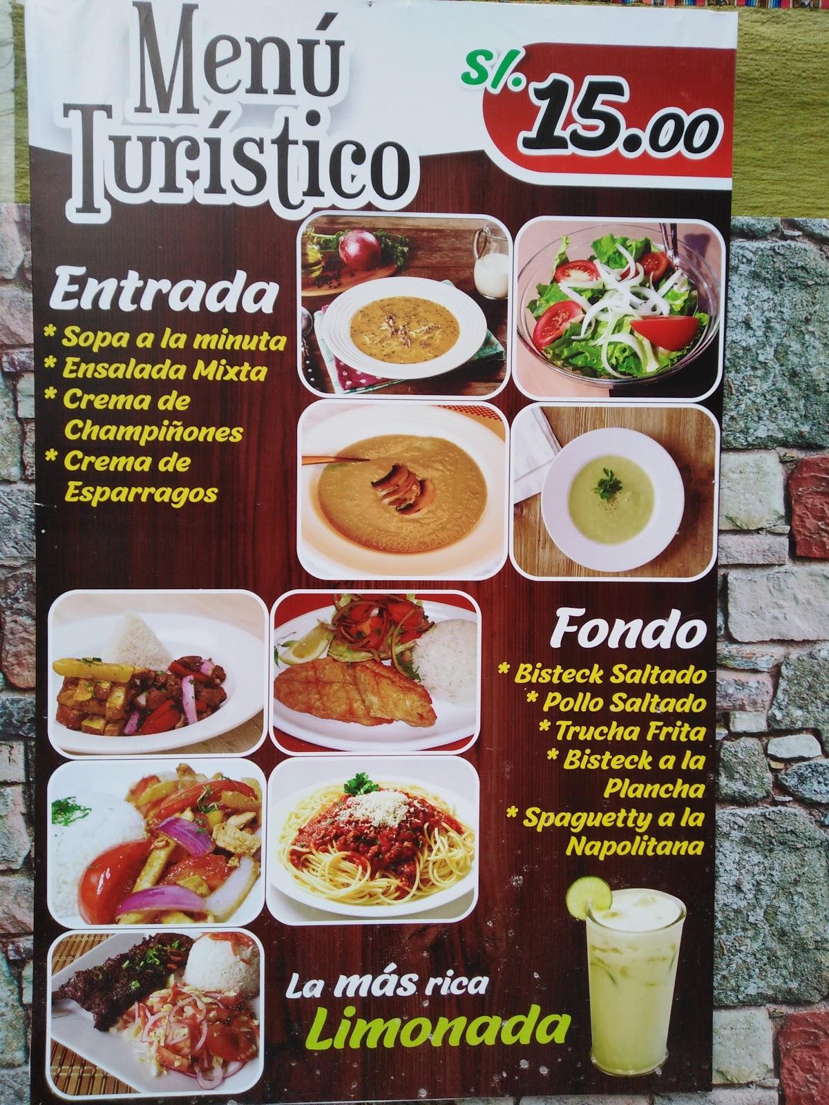Menu at Rocas Sagradas restaurant, Aguas Calientes