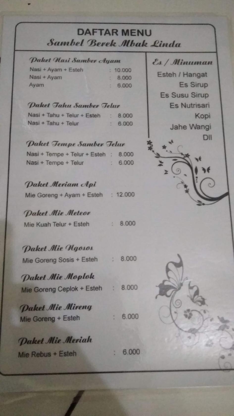 Menu at Sambal Berek Mbak Linda restaurant, Pecangaan