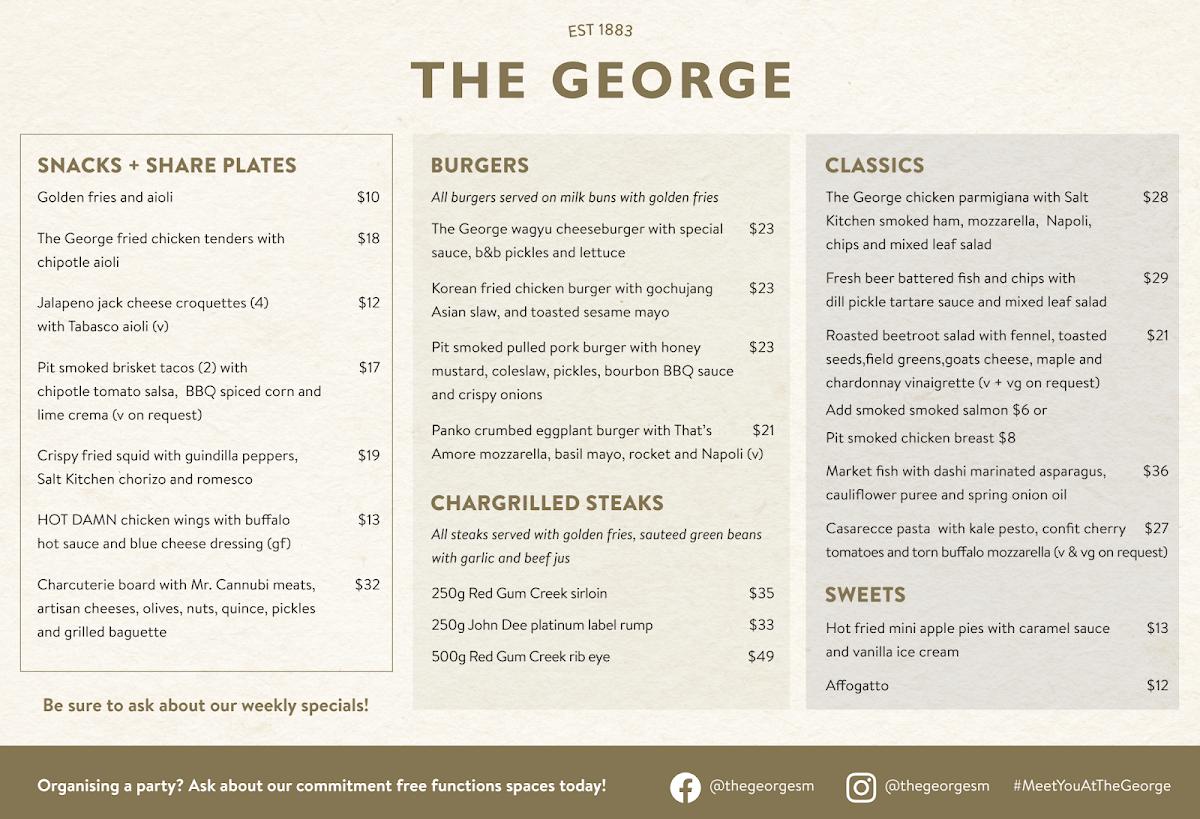 Menu at The George Hotel pub & bar, South Melbourne, 139 Cecil St