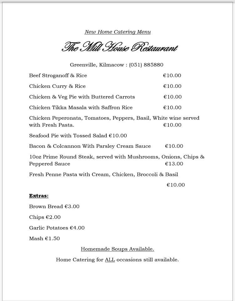 Menu at Mill House restaurant, Ireland, Greenvill