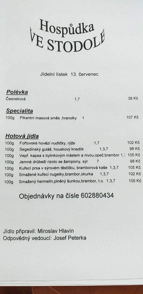 Menu at Stodola restaurant, Milevsko