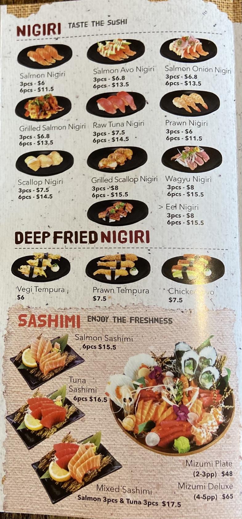 Menu at Mizumi restaurant, Toronto