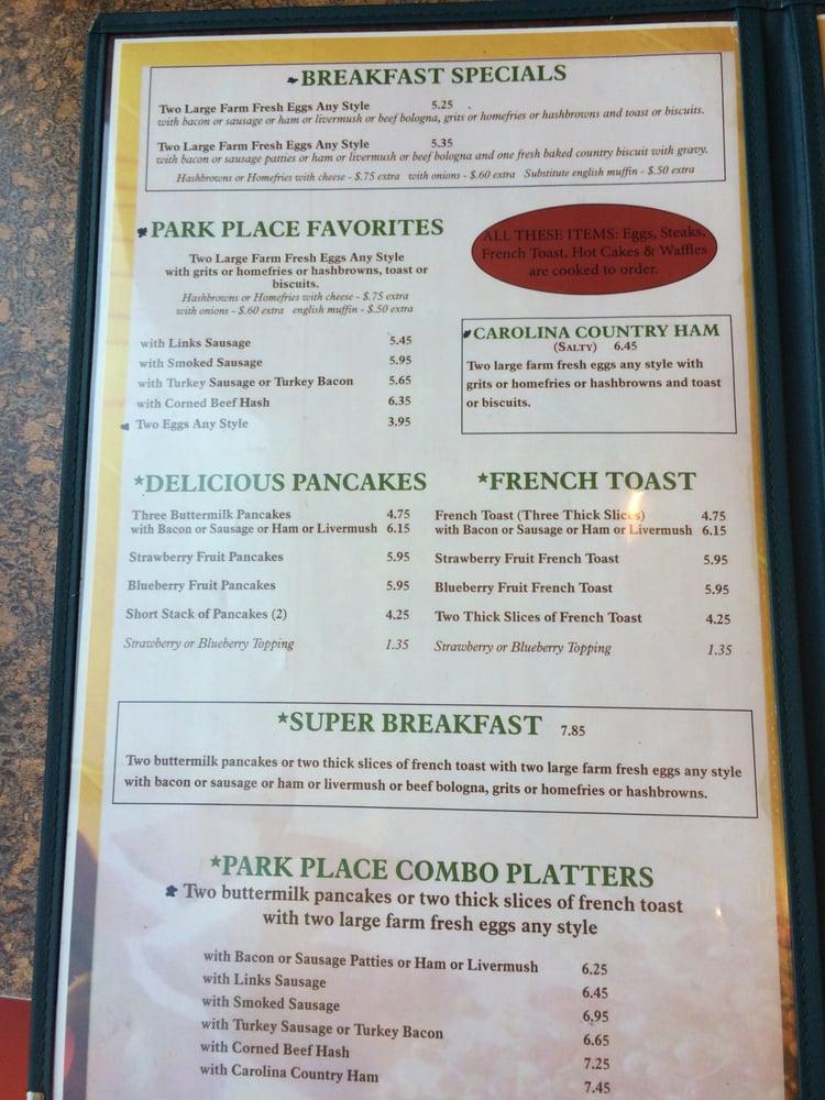 Menu at Park Place Restaurant, Charlotte