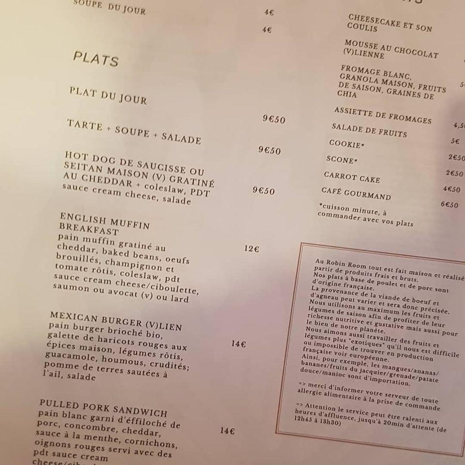 Menu at Robin Room restaurant, Amiens