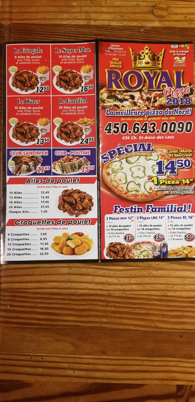 Menu au Royal Pizza restaurant, Sainte-Anne-des-Lacs
