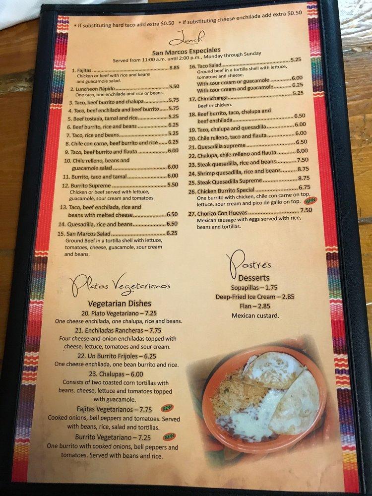 Menu at San Marcos restaurant, Montgomery, 61 N Burbank Dr