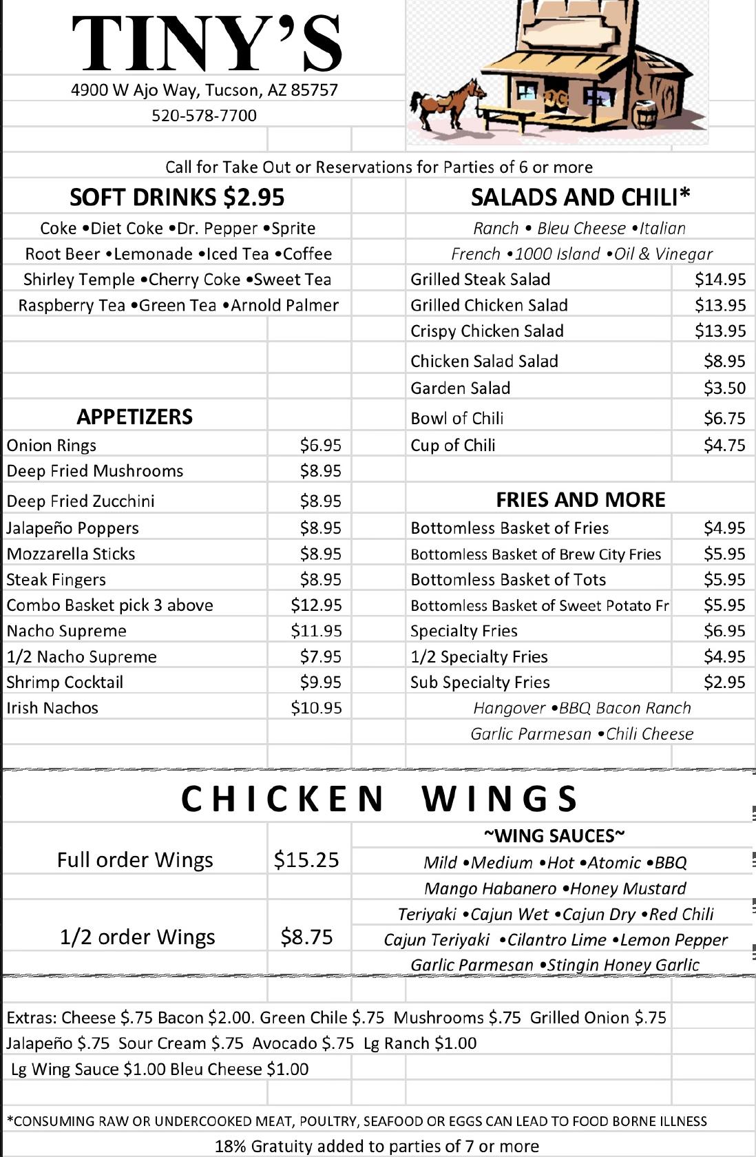 Menu at Tiny's Family Restaurant, Tucson