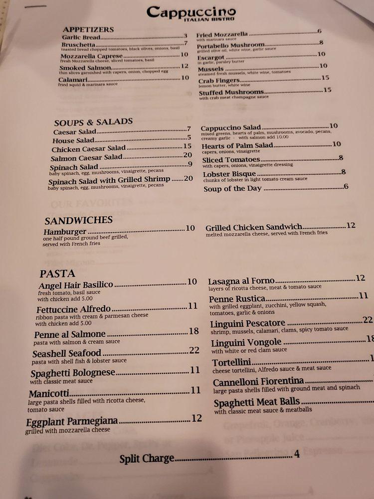 Menu at Cappuccino Italian Bistro pub & bar, Richardson