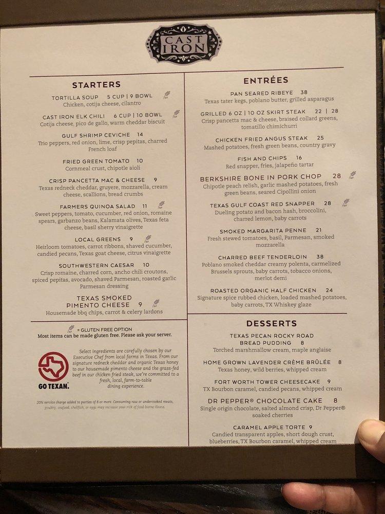 Menu at Cast Iron Restaurant, Fort Worth