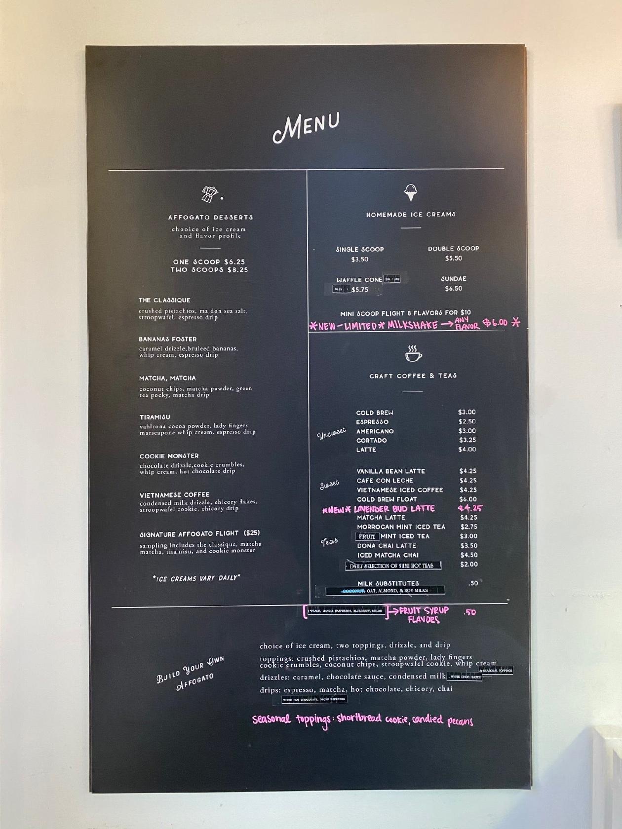 Menu at Drip Affogato Bar NOLA, New Orleans