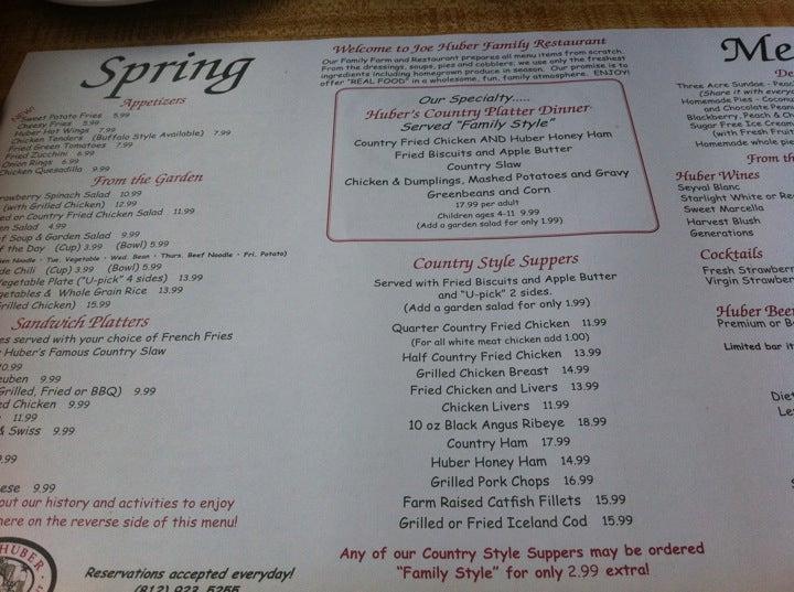 Menu at Joe Huber's Family Farm & Restaurant, USA