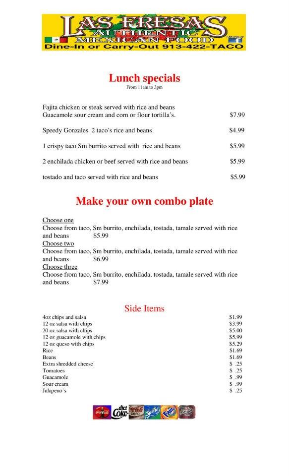 Menu at Las Fresas restaurant, Edwardsville