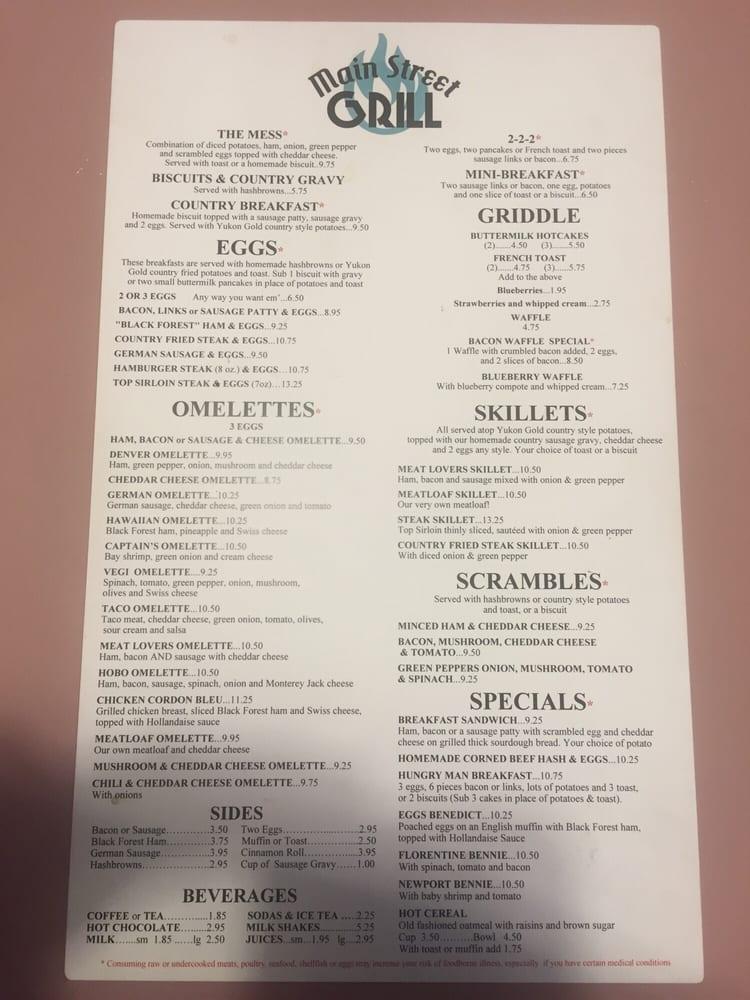 Menu at Main Street Grill restaurant, Centralia