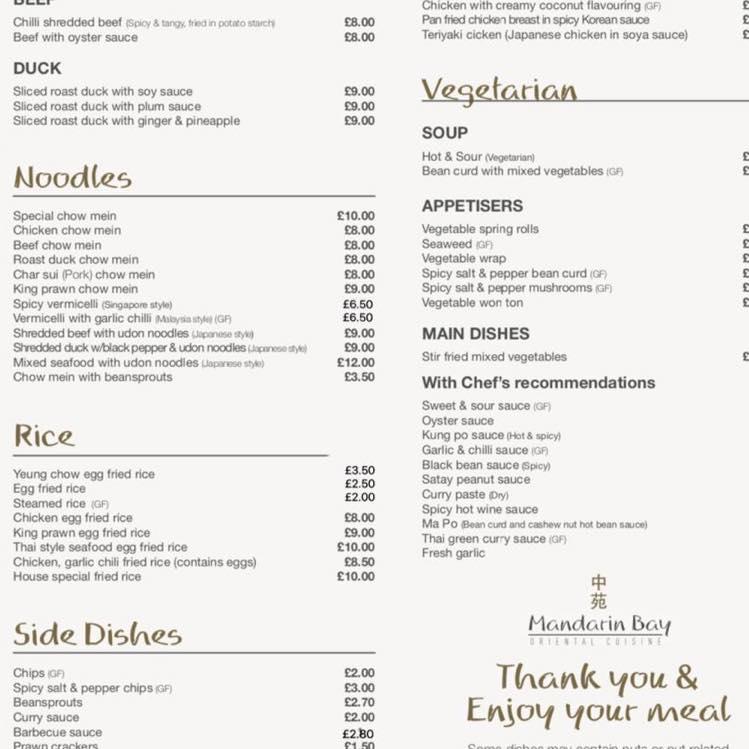 Menu at Mandarin Bay restaurant, Cramlington