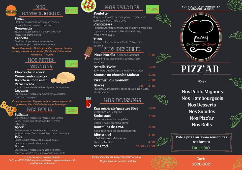 Carta de pizzería Pizz’AR, Menton, 15 Av. Cernuschi