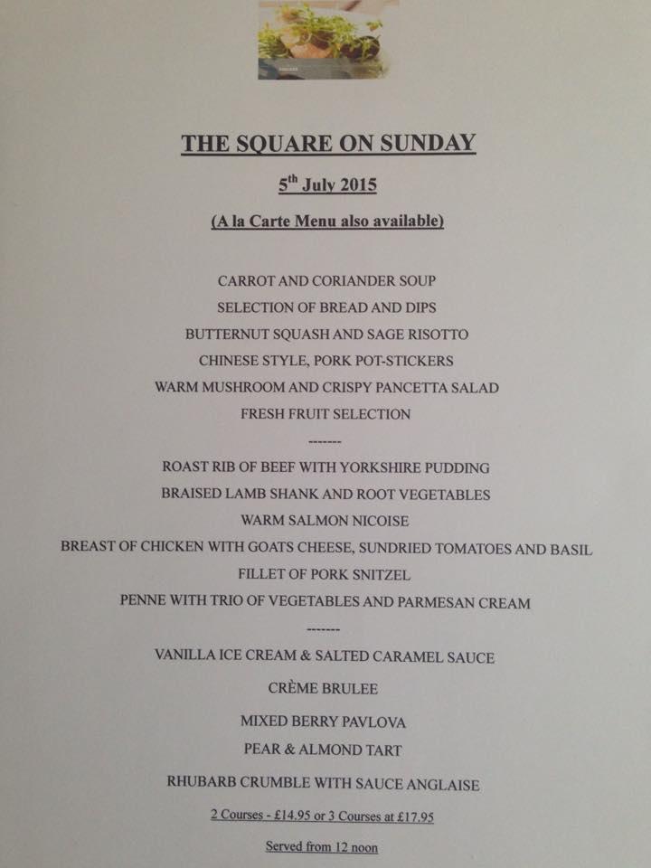Menu at The Square restaurant, Belfast