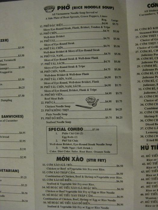 Menu at Saigon Noodle House restaurant, Diamond Bar