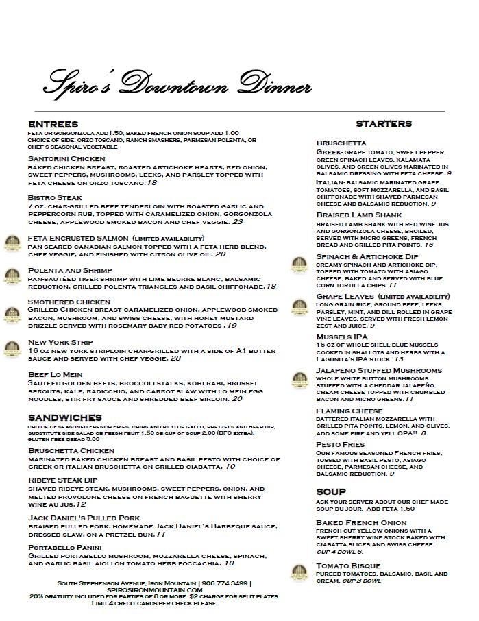 Menu at Spiro's Downtown Restaurant, Iron Mountain