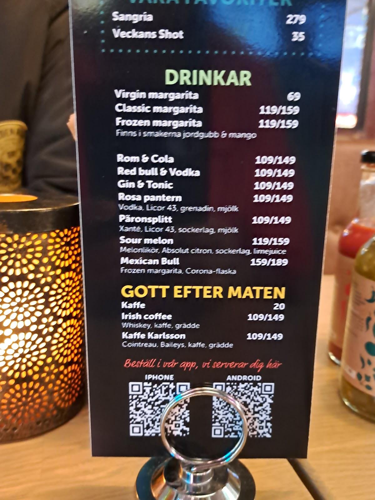 Menu at Taco Bar, Helsingborg