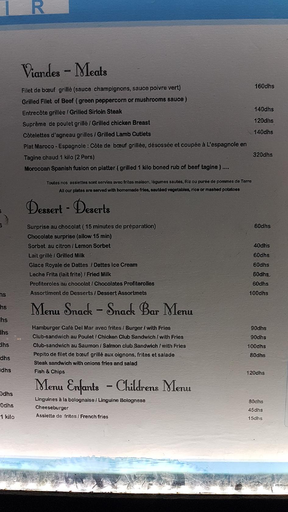 Menu at Café Del Mar restaurant, Agadir
