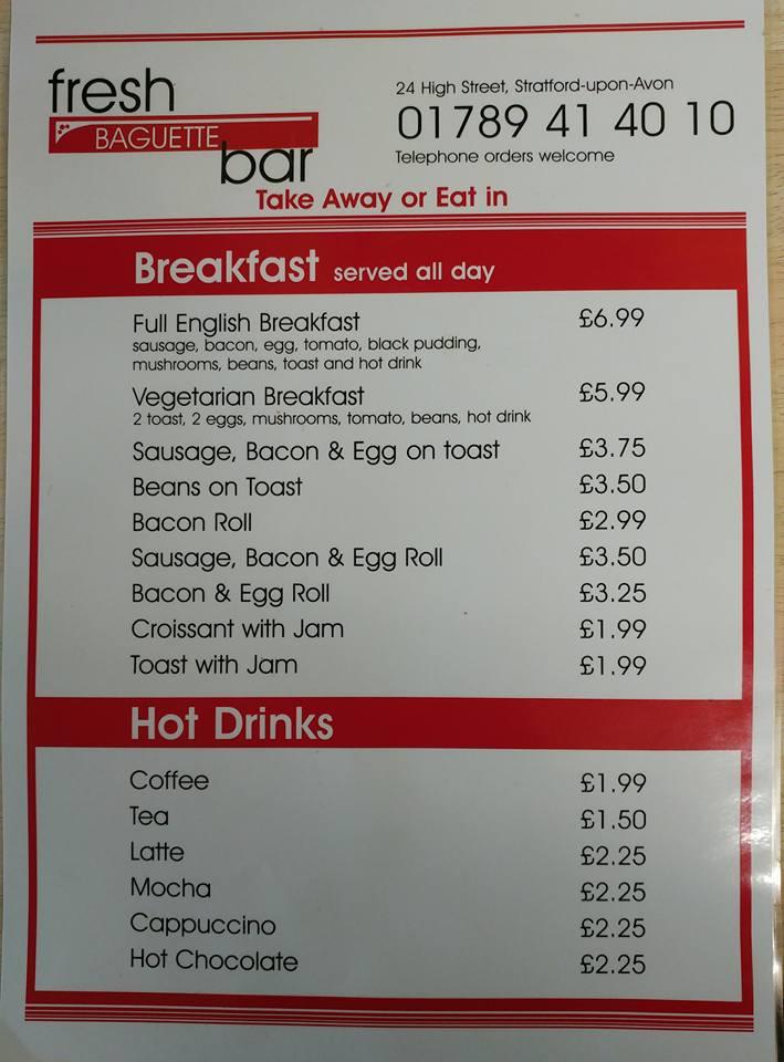 Menu at The Fresh Baguette Bar, Stratford-upon-Avon