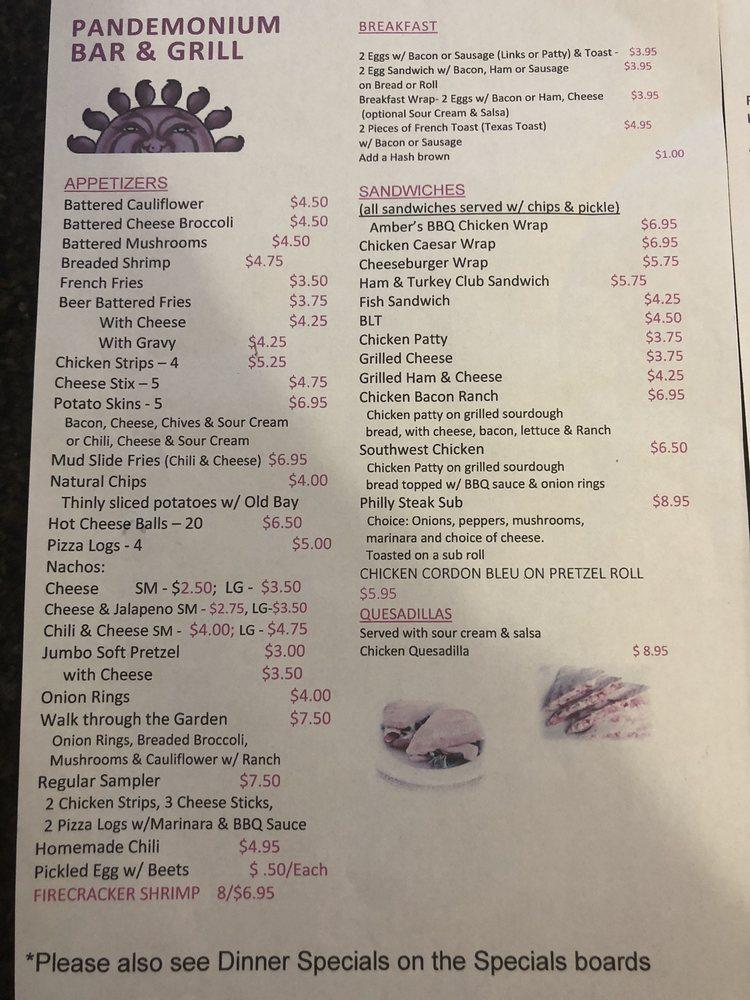 Menu at Pandemonium Bar & Grill, Shermans Dale