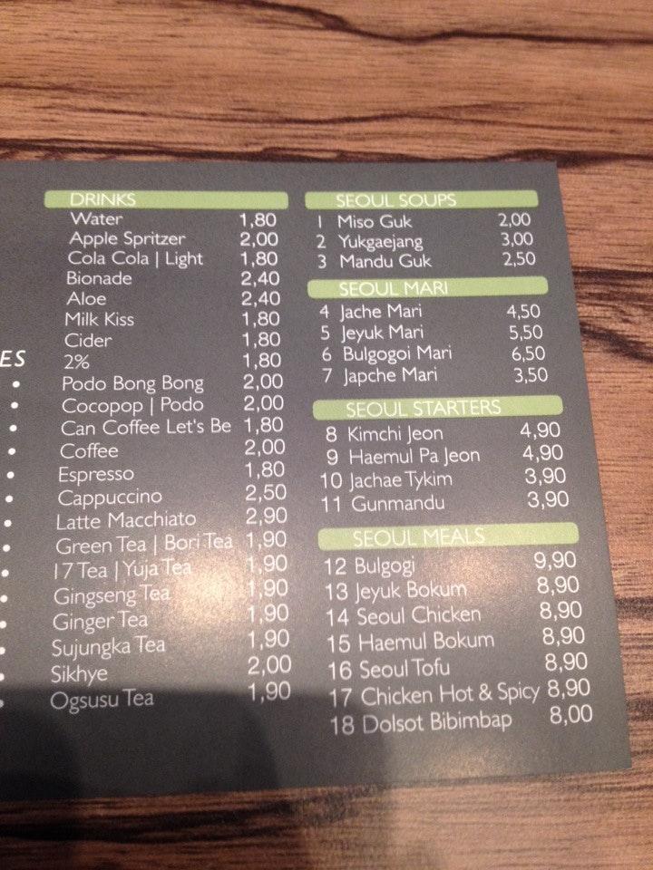 Menu at SEOULFOOD Korean Food restaurant, Frankfurt