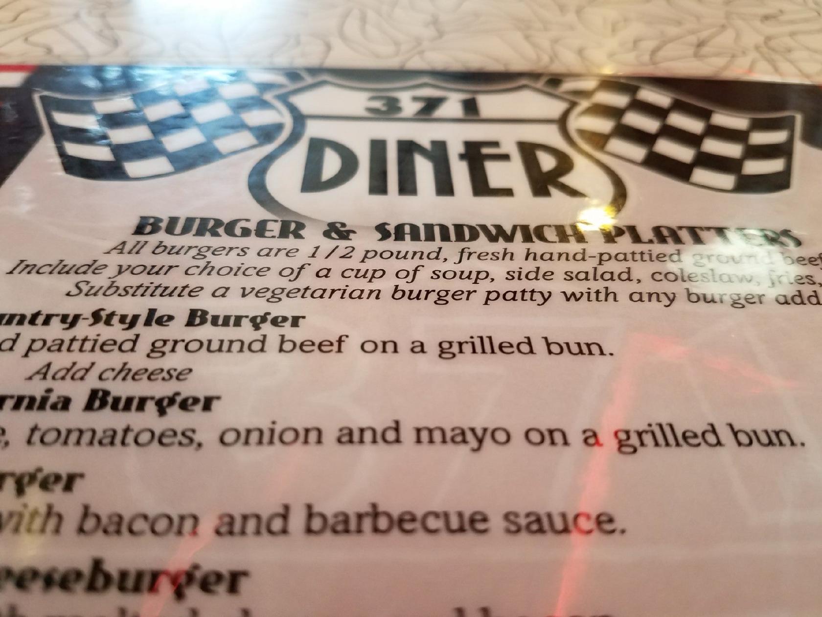 Menu at 371 Diner restaurant, Baxter