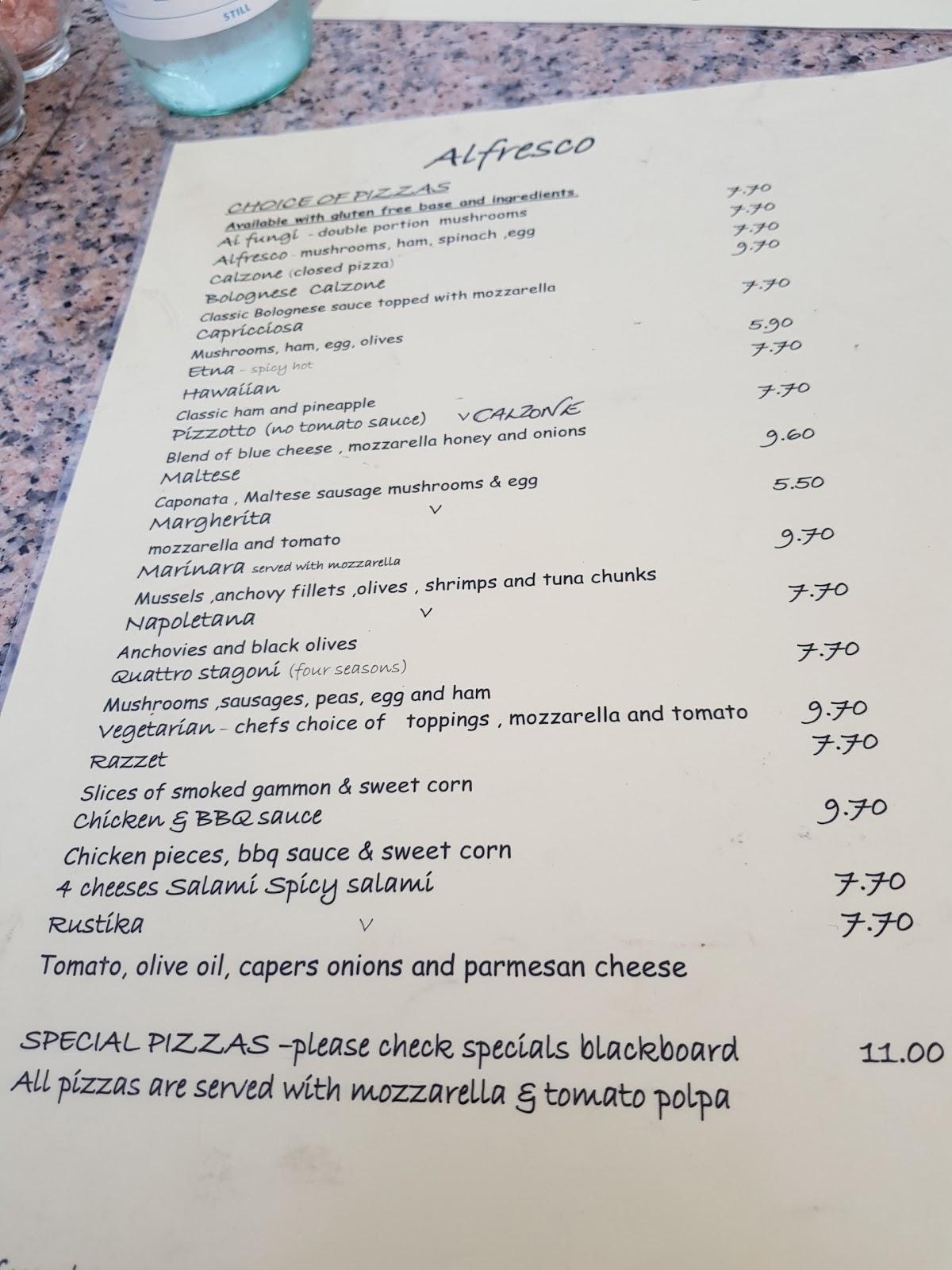 Menu at Al Fresco Pizzeria & Restaurant, Birżebbuġa