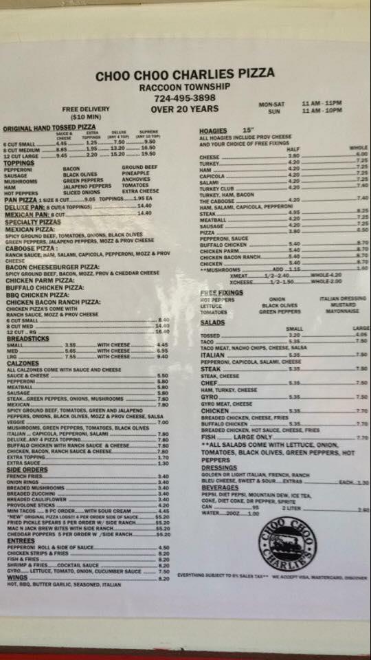 Menu at Choo Choo Charlie's pizzeria, USA