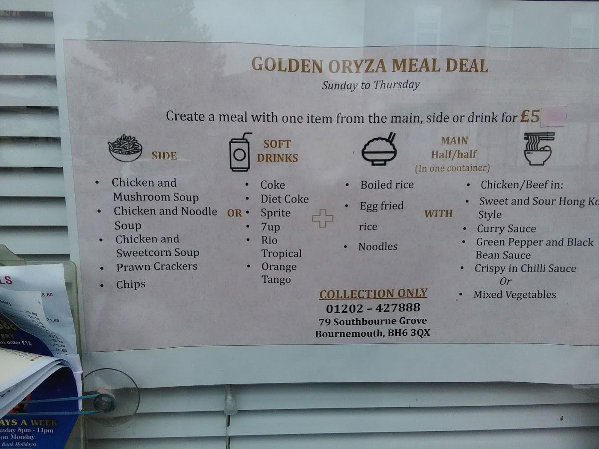 Menu at GOLDEN ORYZA Chinese Southbourne fast food, Bournemouth