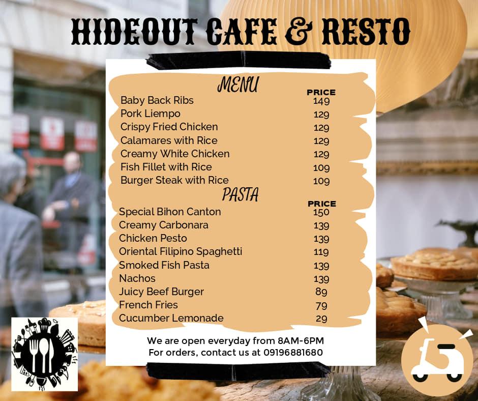 Menu at Hideout Cafe Resto, Philippines