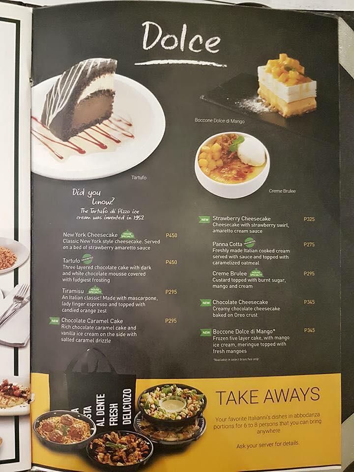 Menu at Italianni's Cebu Official restaurant, Cebu City
