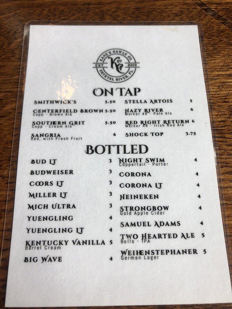 Menu at Kane's Cattle Co. steakhouse, Crystal River