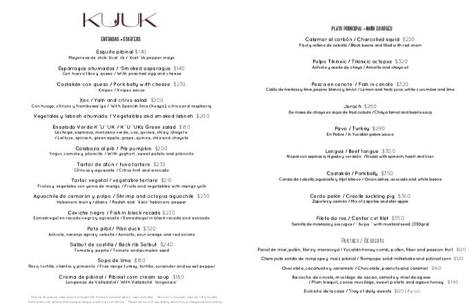 Menu at Kuuk restaurant, Merida, Av Rómulo Rozo 488