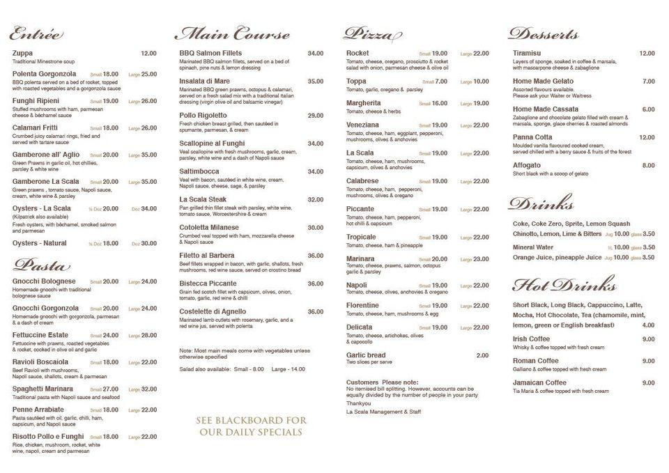 Menu at La Scala Restaurant, Griffith